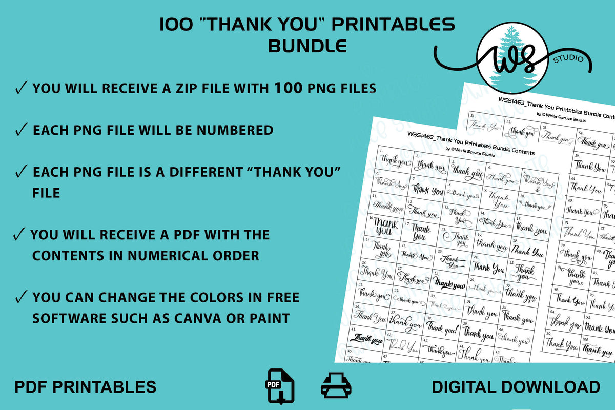 Printable 100 Thank You PNG Bundle – White Spruce Studio