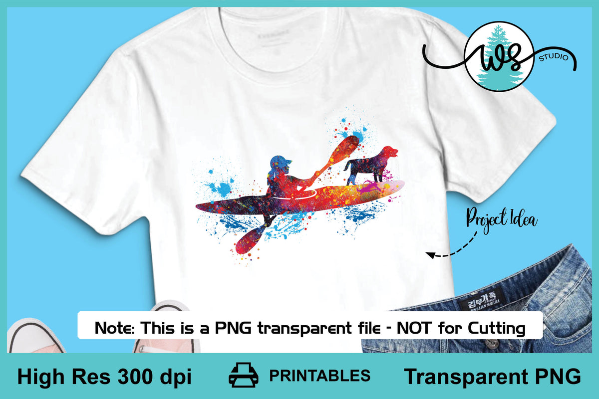 Printable Splatter Kayak Woman with Dog – White Spruce Studio